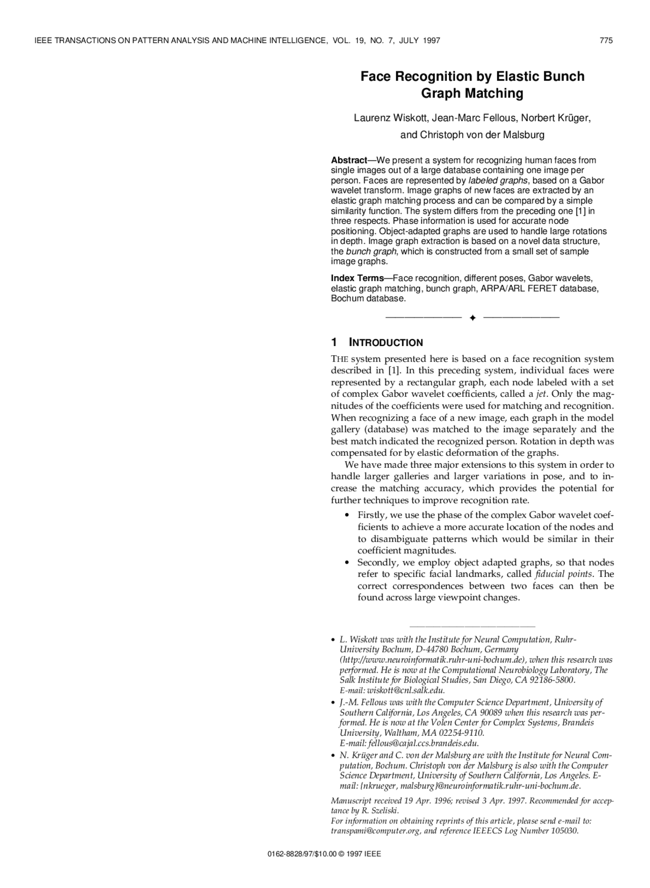 Face Recognition by Elastic Bunch Graph Matching | EE T220 - Docsity