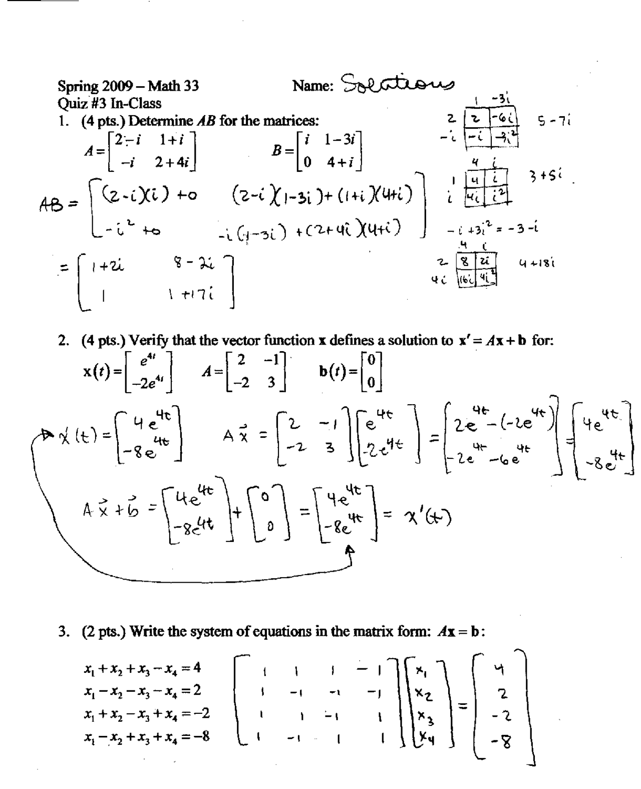 3 Solved Questions In Linear Algebra Quiz 3 Math 0033 Docsity