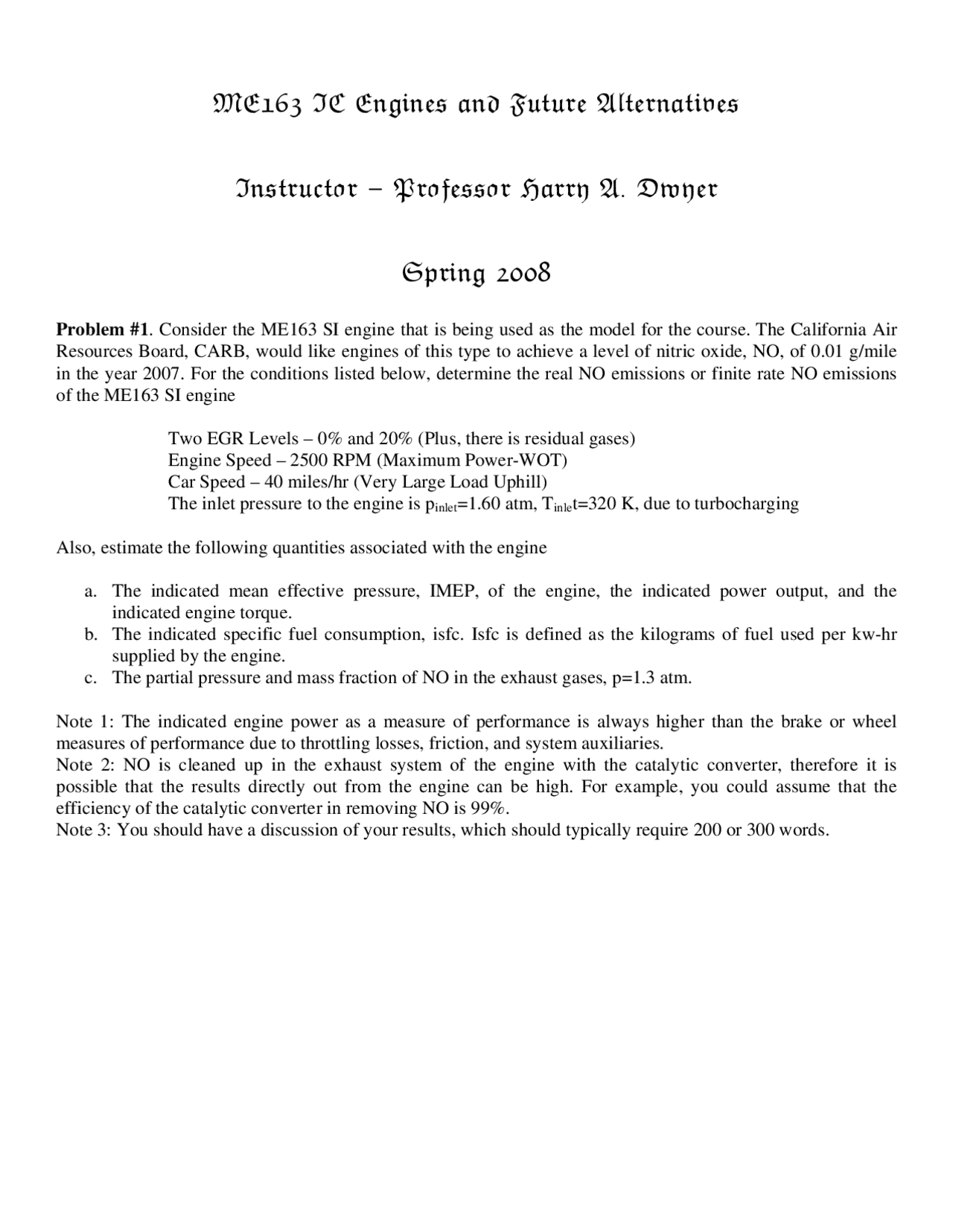 Problems For Assignment Combustion Engines Eme 163 Docsity