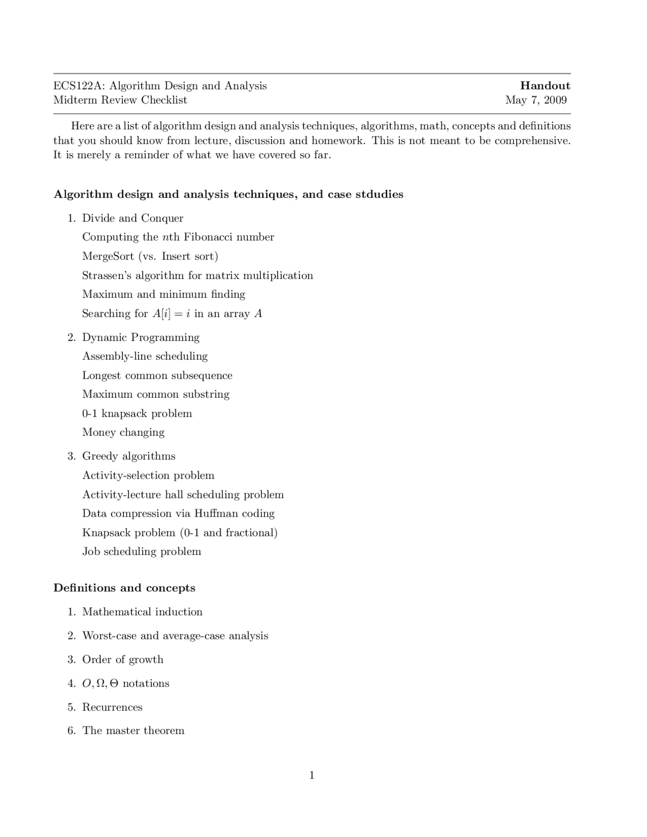 Midterm Review Checklist Algorithm Design Ecs 122a Docsity 0395