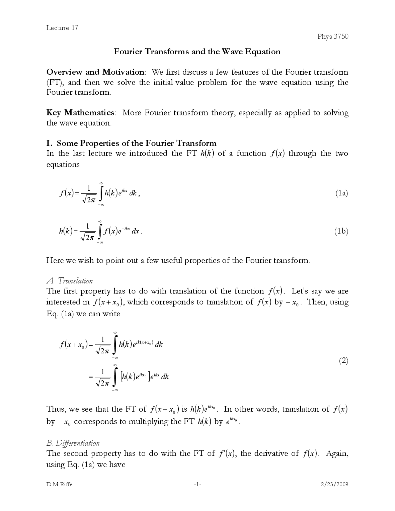 Lecture Notes On Fourier Transforms And Wave Equation Phys 3750 Docsity