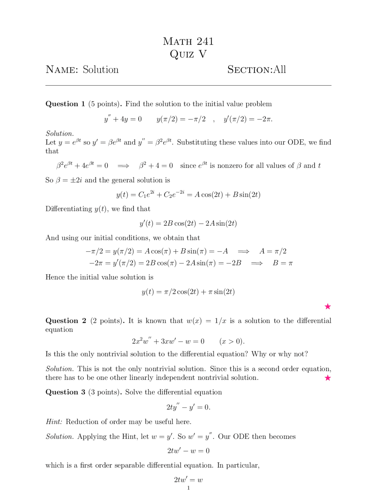 5 Problems With Resolutions On Calculus Iii Quiz 5 Math 241 Docsity