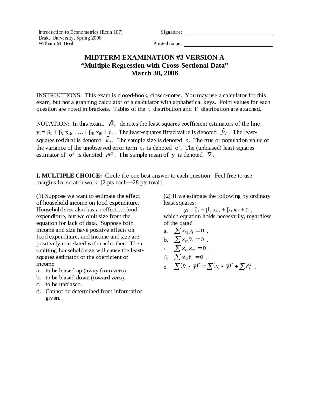 Midterm Exam 3A Problems - Econometrics Web and Classroom | ECON 107 ...
