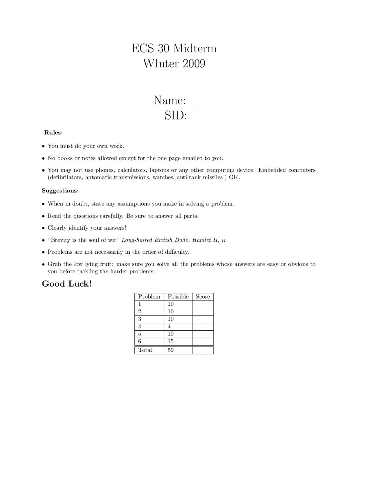 Midterm Exam With Answers Programming And Problem Solving Ecs 030