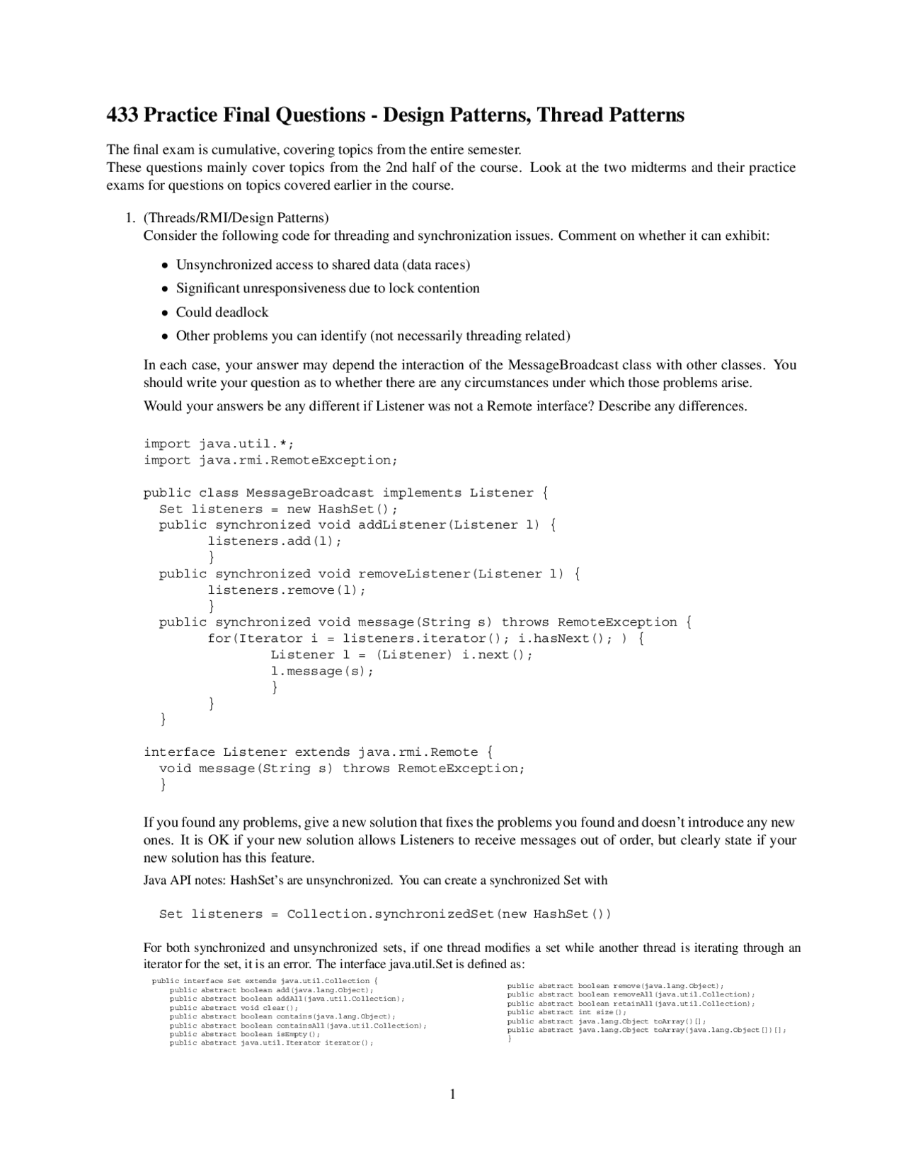 Practice Final Questions Design Patterns Thread Patterns Cmsc 433 Docsity