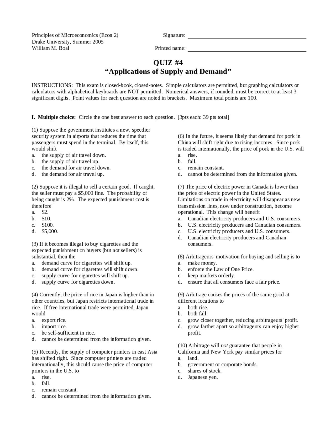 Applications Of Supply Demand Quiz Iv Econ 002 Docsity