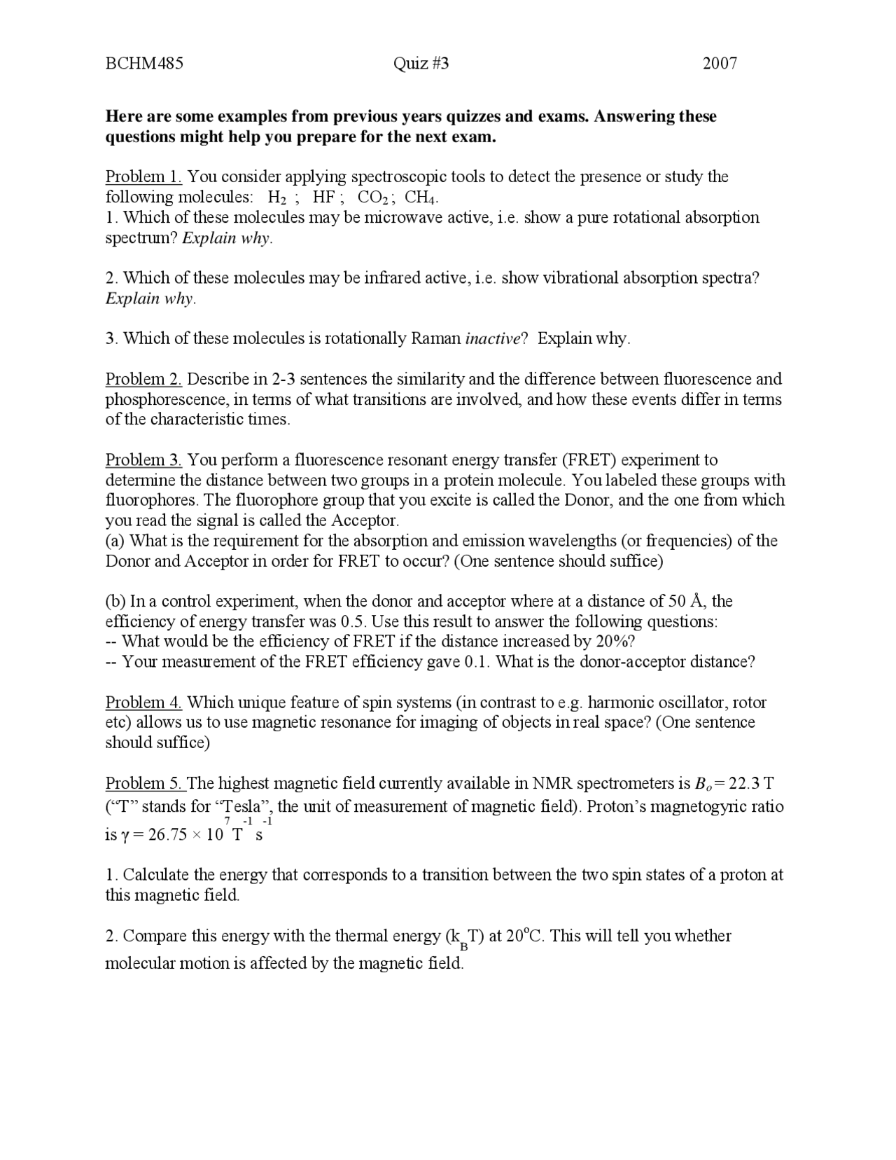 Quiz 3 For Physical Biochemistry Bchm 485 Docsity
