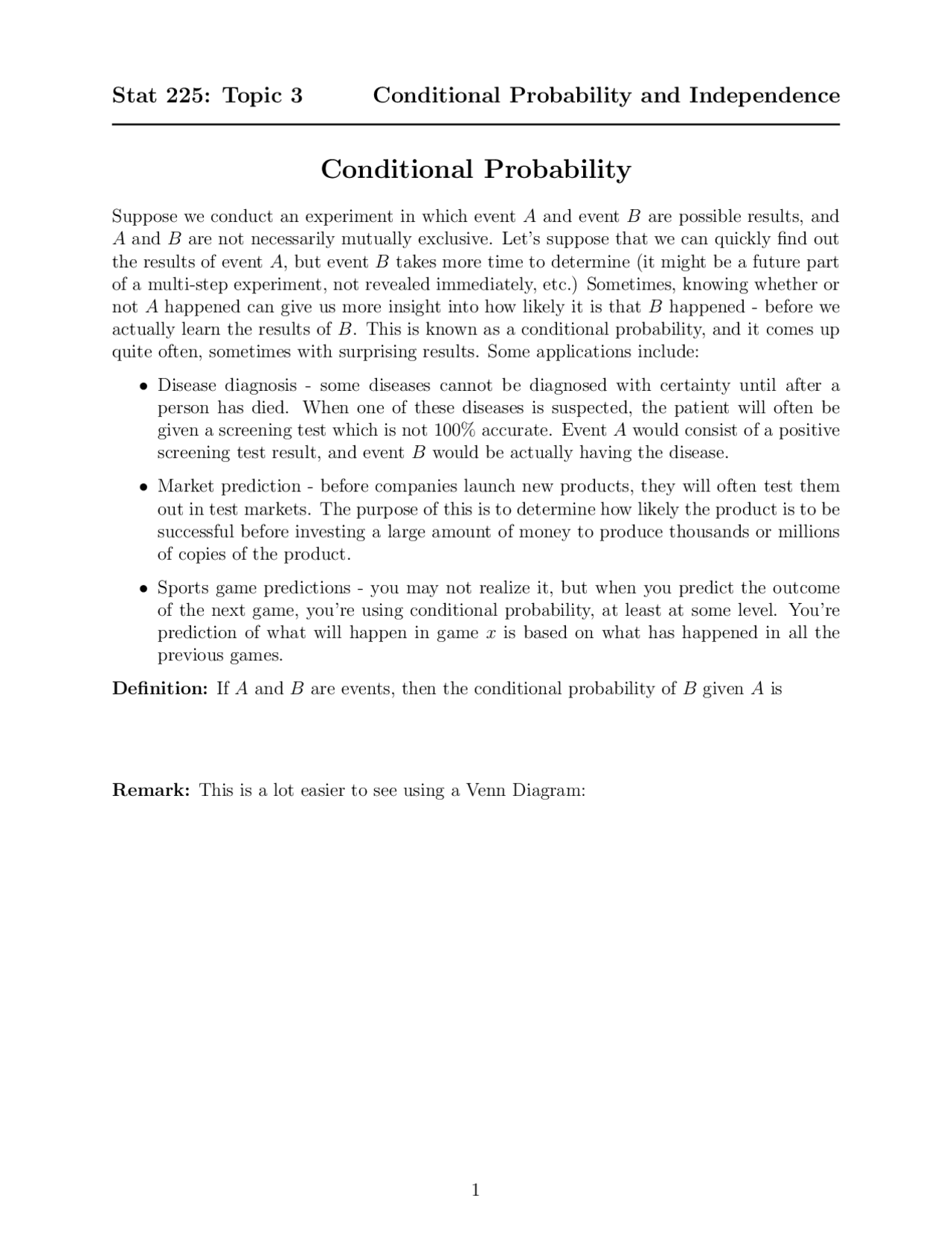 Conditional Probability and Independence | STAT 22500 - Docsity