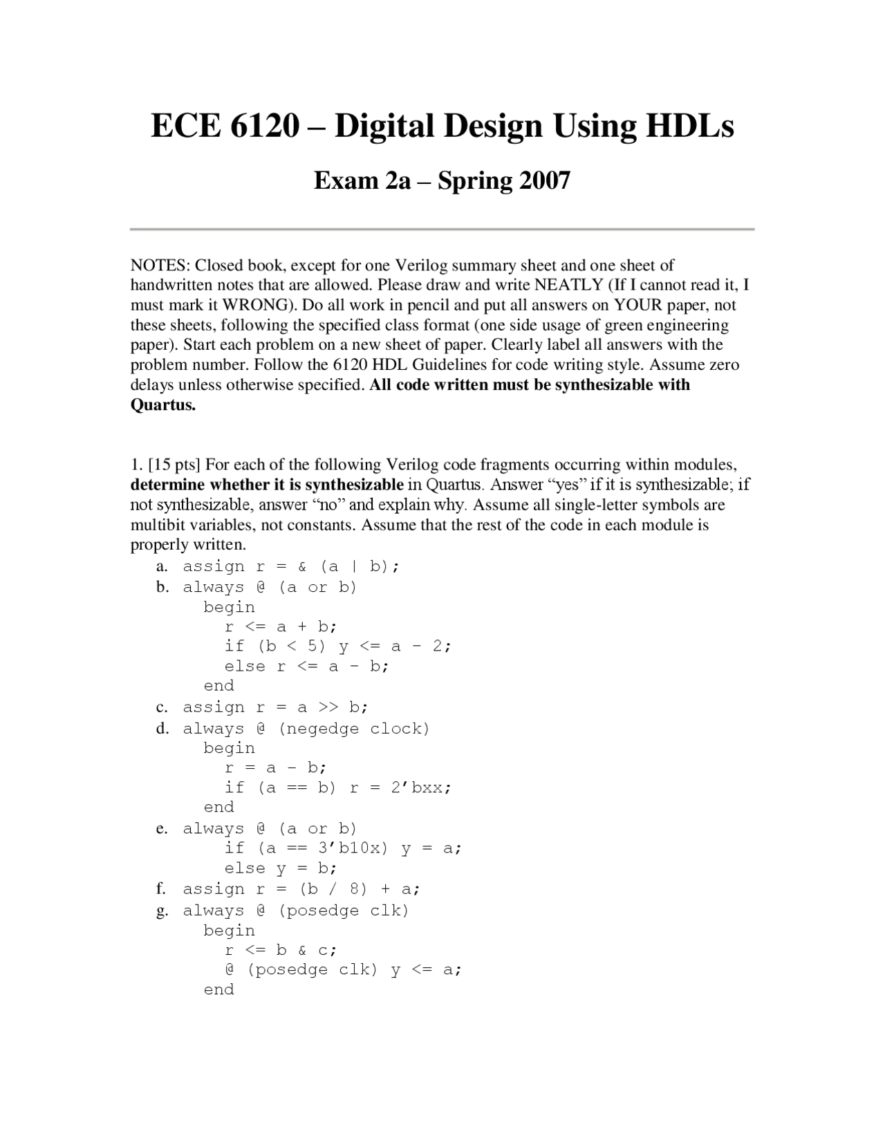 Sample Examination 2a Digital Design Using Hdls Ece 6120 Docsity