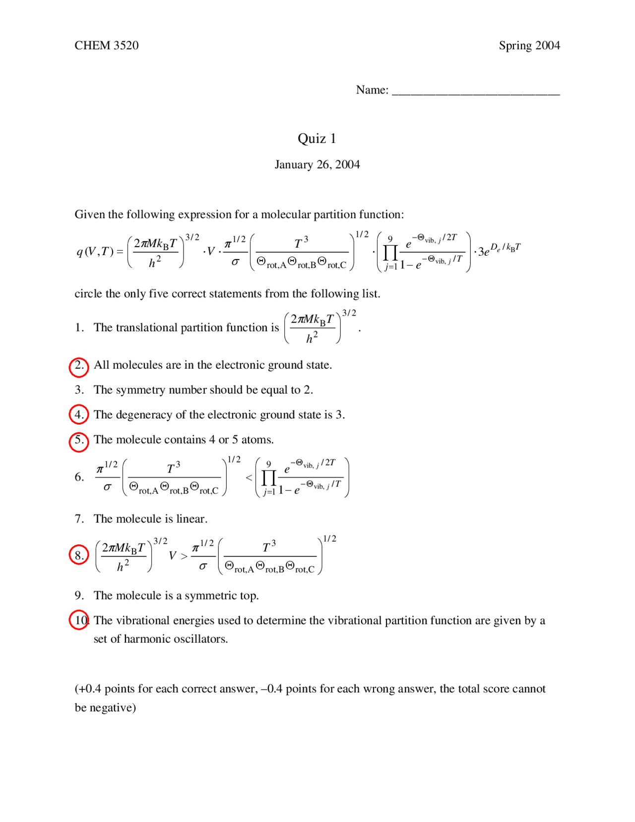 Physical Chemistry - 10 Questions for Quiz 1 | CHEM 3520 | Quizzes ...