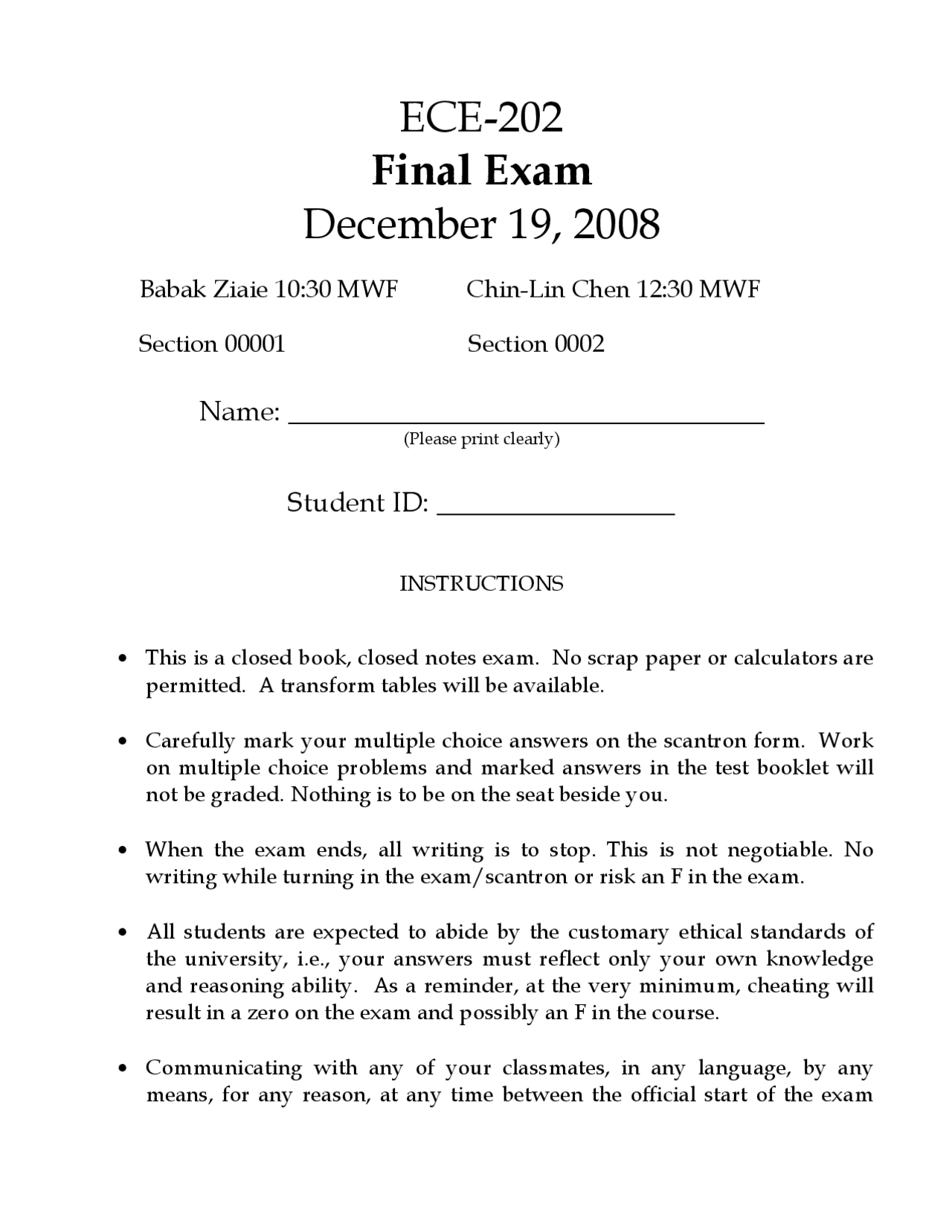 Linear Circuit Analysis Ii Final Exam Fall 2008 Ece 20200 Docsity