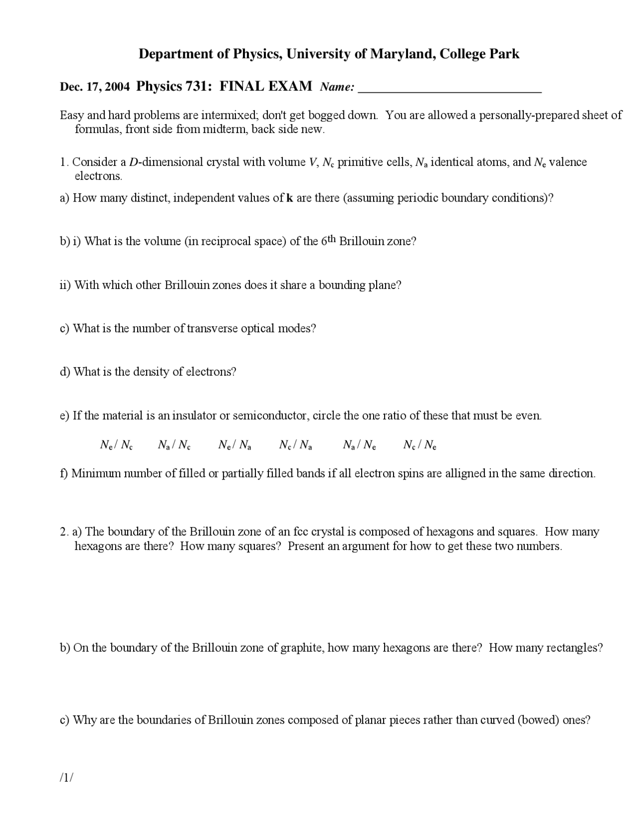Sample Questions For Final Exam Solid State Physics Fall 2004