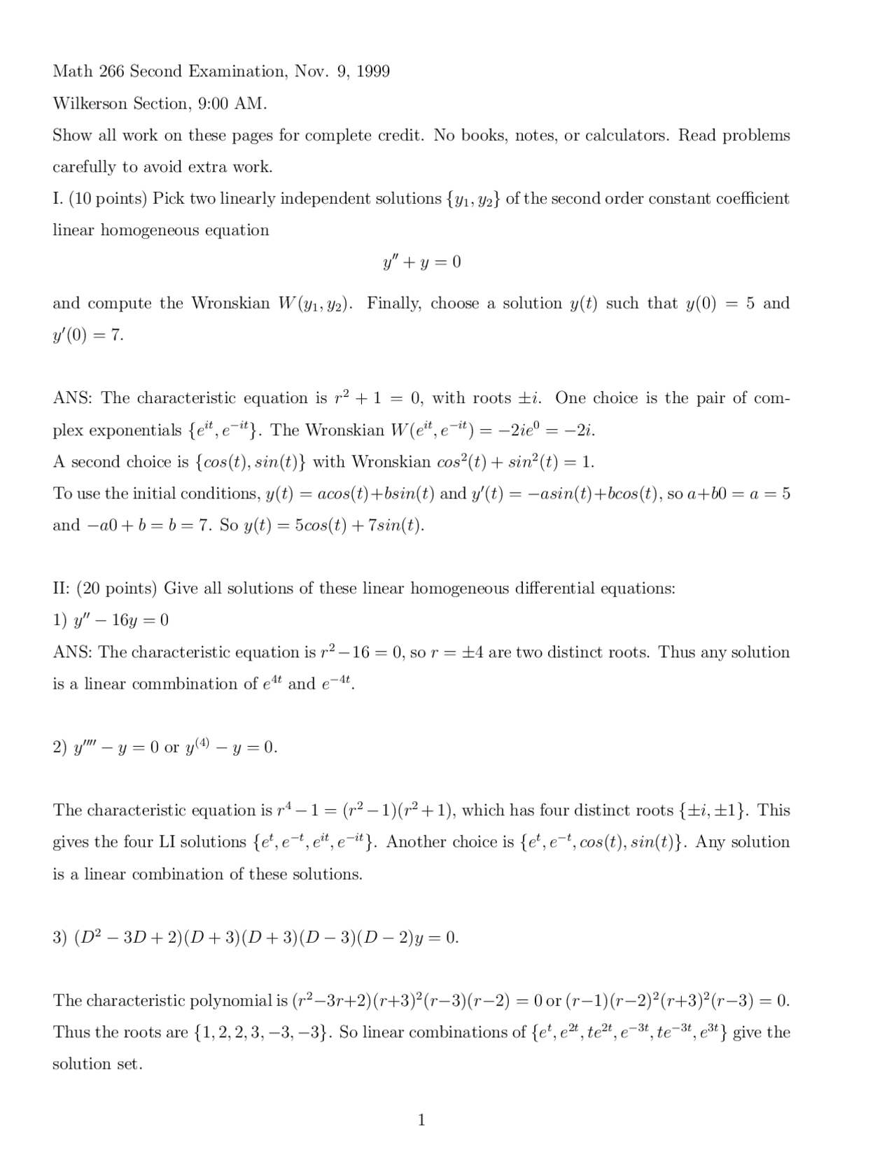 Exam 2 Solutions Ordinary Differential Equations Ma 26600 Docsity