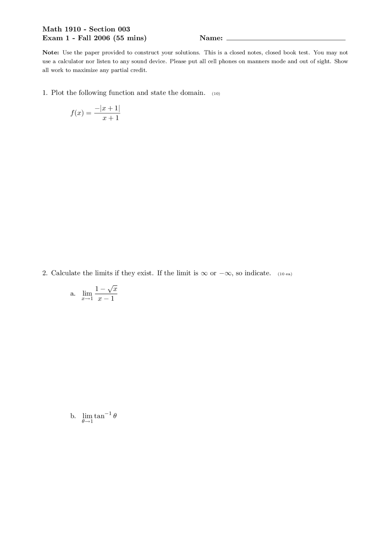 Calculus I - Exam 1, Fall 2006 | MATH 1910 - Docsity