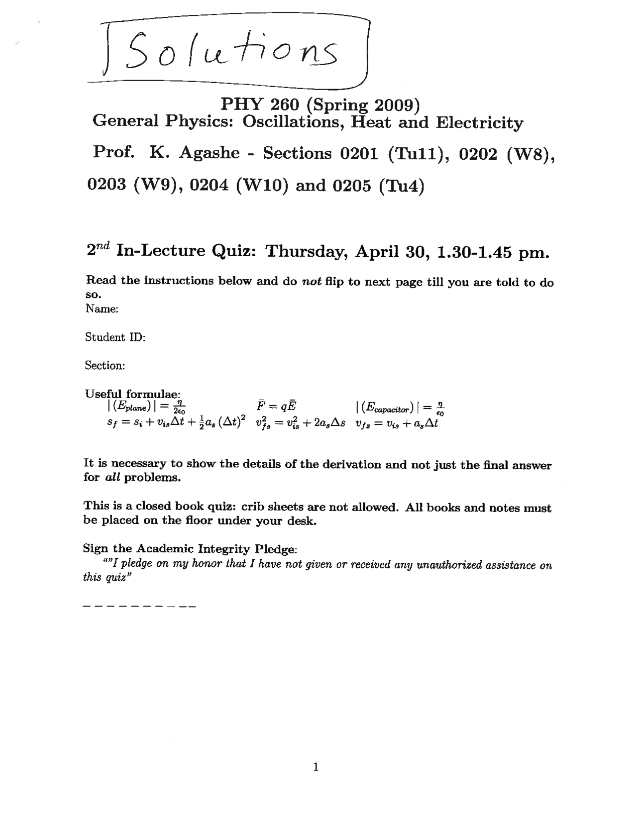 Quiz With Solution For Oscillations Heat And Electricity Phys 260