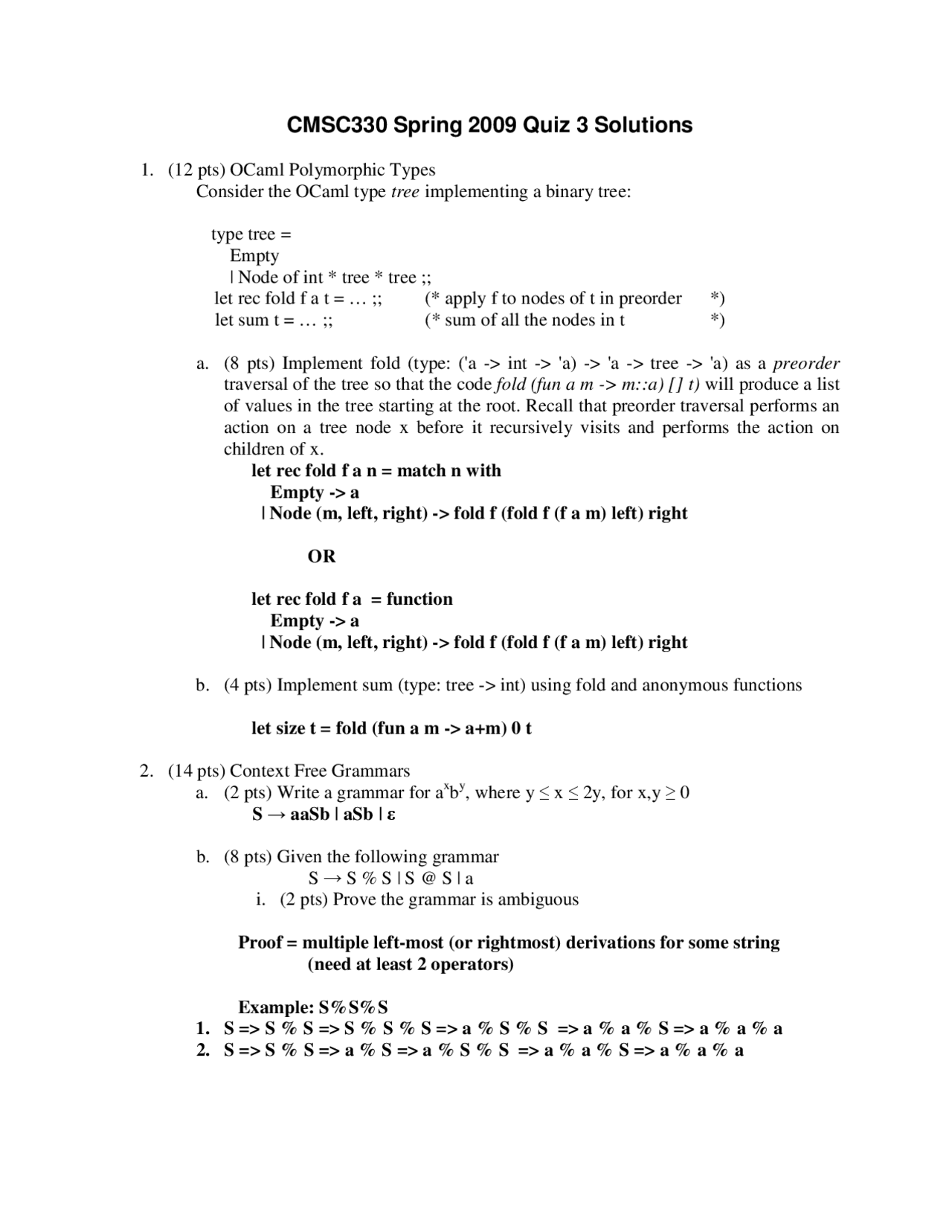 Quiz 3 Solutions Organization Of Programing Language Cmsc 330 Docsity