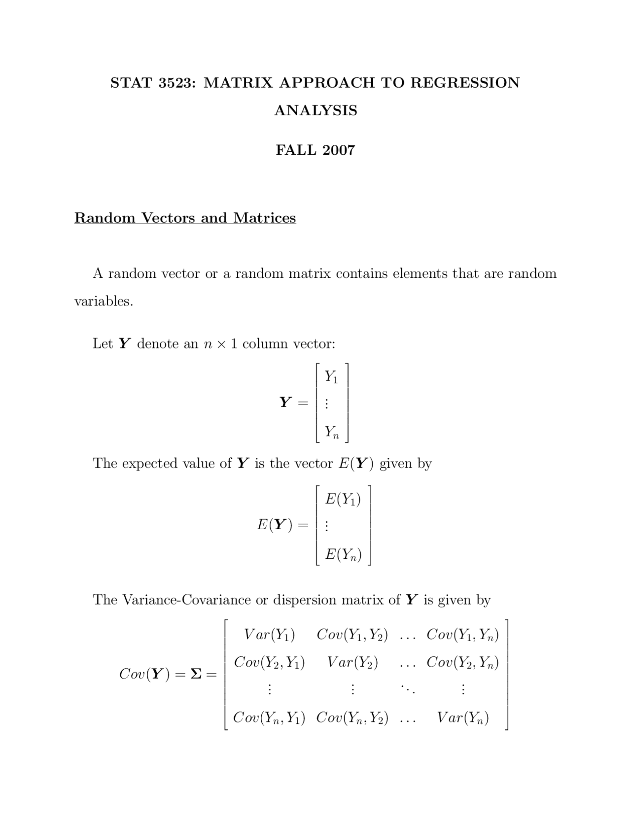 Matrix Approach To Regression Analysis Notes Sta 3523 Docsity
