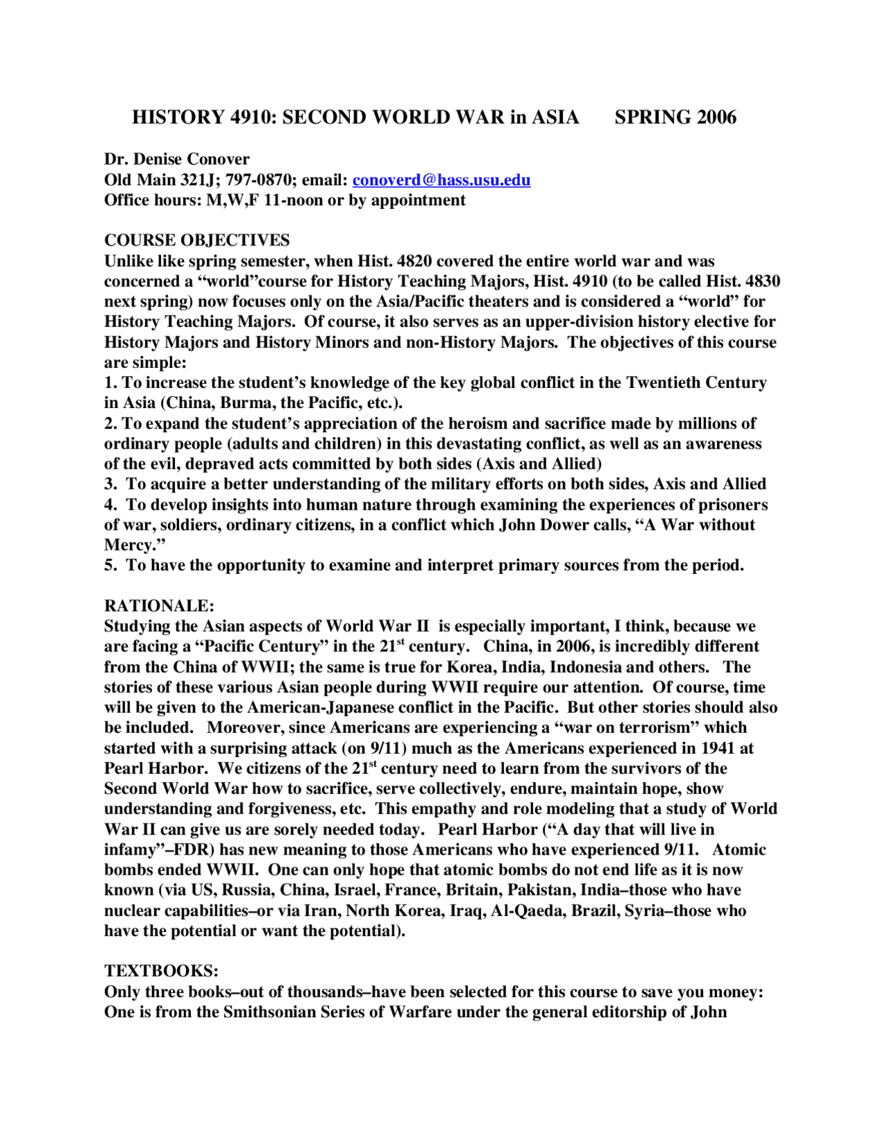 Syllabus for Second World War in Asia | HIST 4910 - Docsity