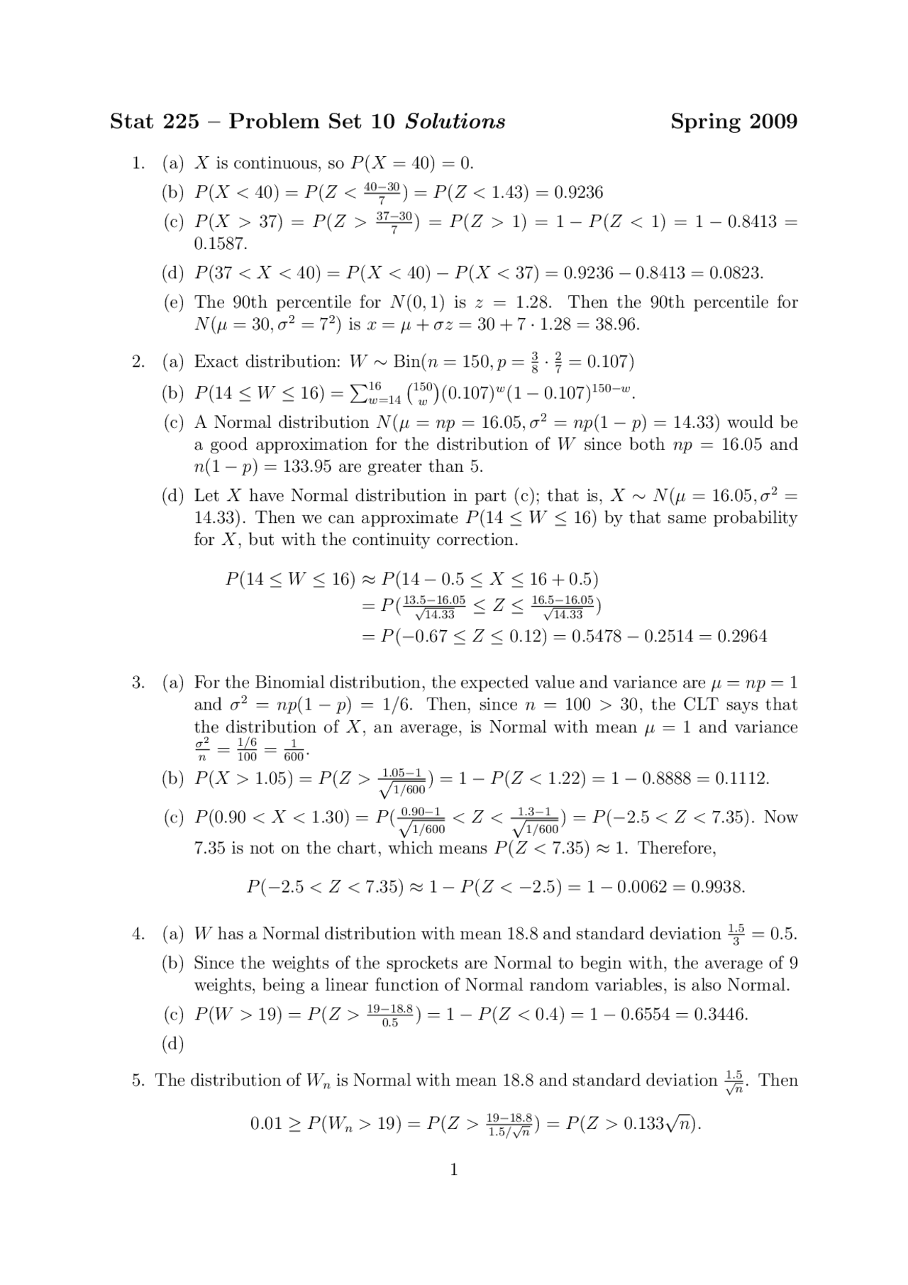 Solutions of Problem Set 10 on Introduction To Probability Models | STAT 22500 - Docsity