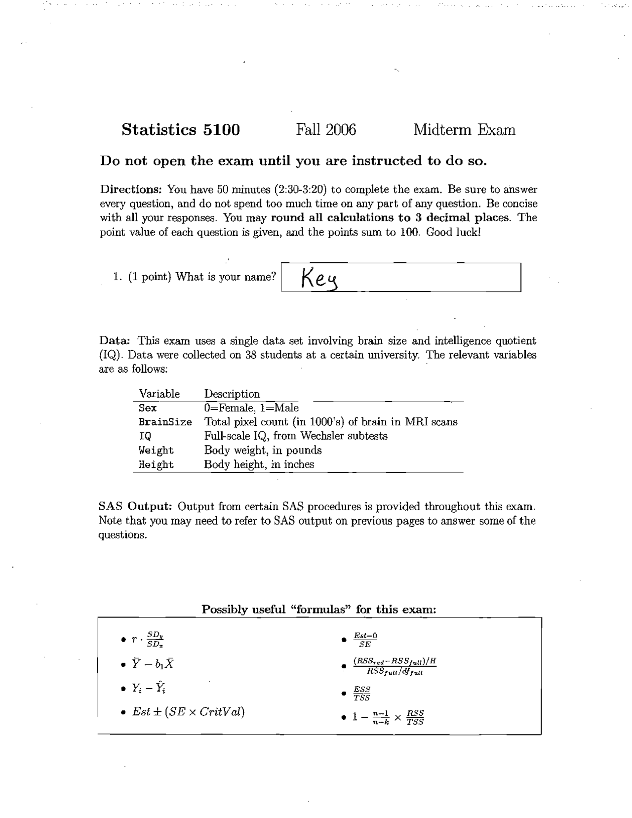 Midterm Exam for Statistics 5100, Fall 2006: Brain Size and IQ Analysis - Prof. John R. St ...