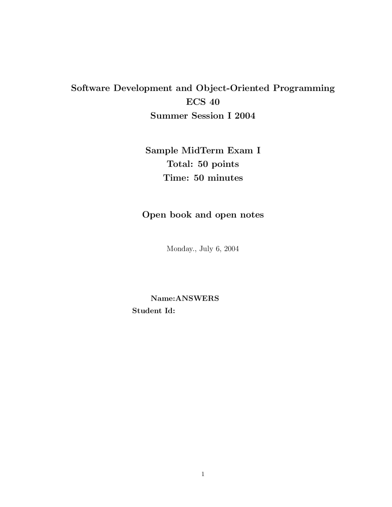 Sample Midterm Exam 1 Software Object Oriented Programming Ecs 040
