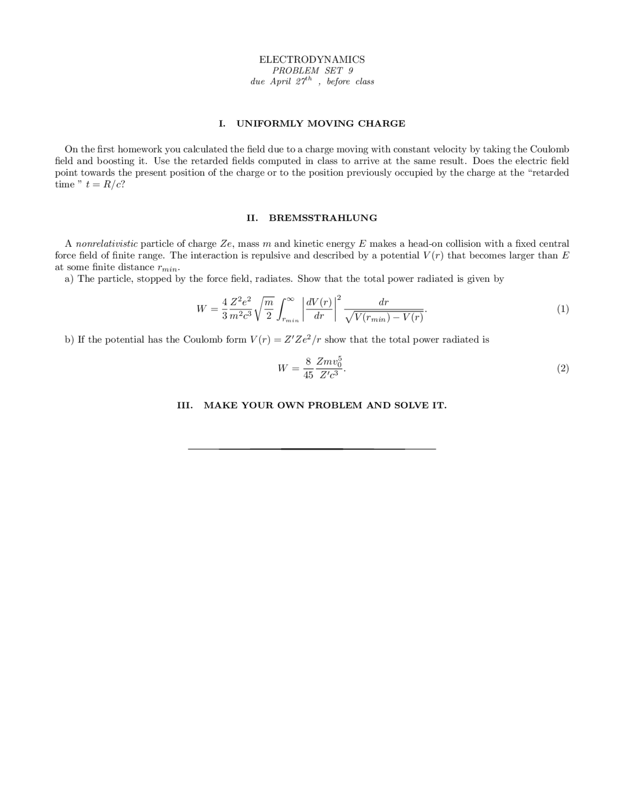 Uniformly Moving Charge In The Electrodynamics Assignment 9 Phys