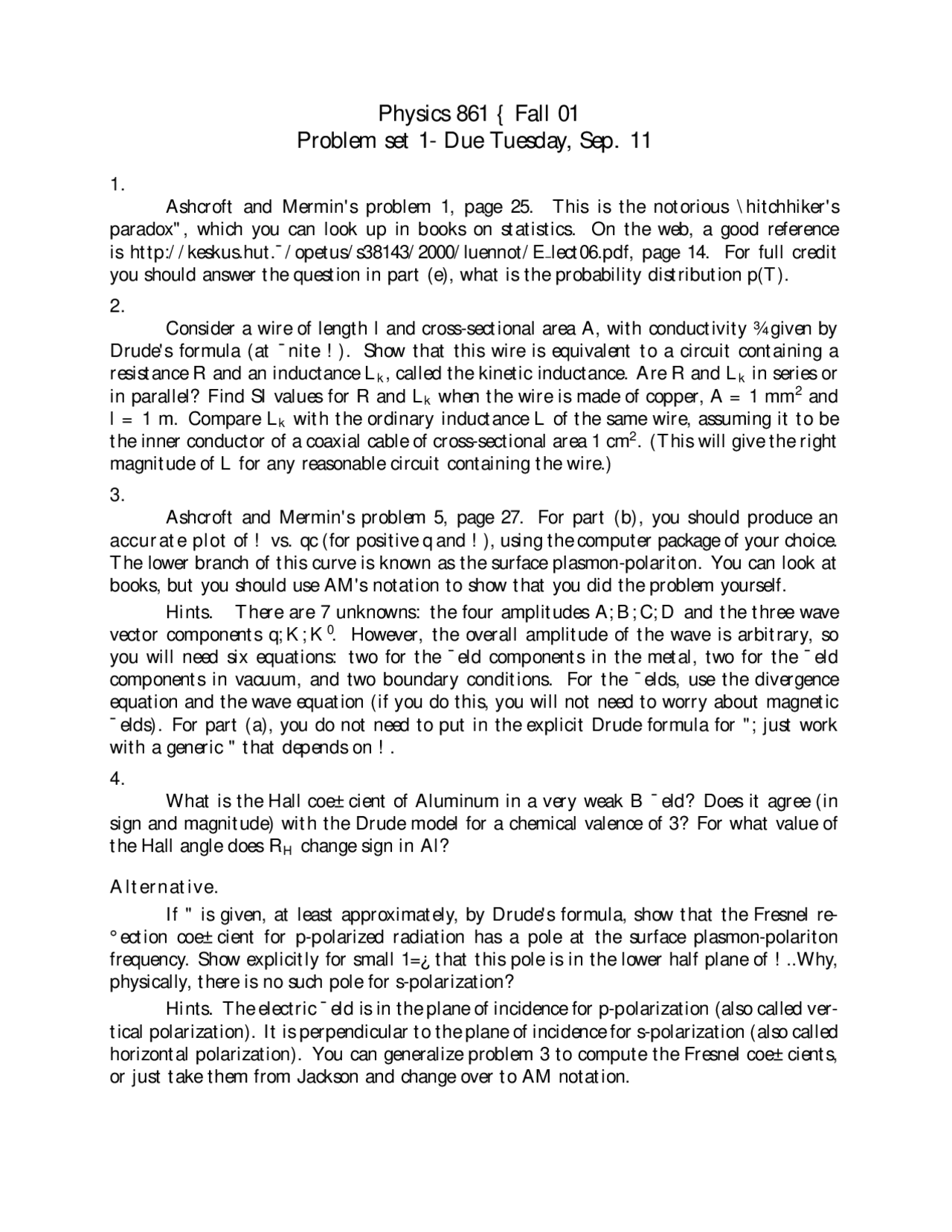 Problems For Assignment 1 Solid State Physics I Phys 8610 Docsity