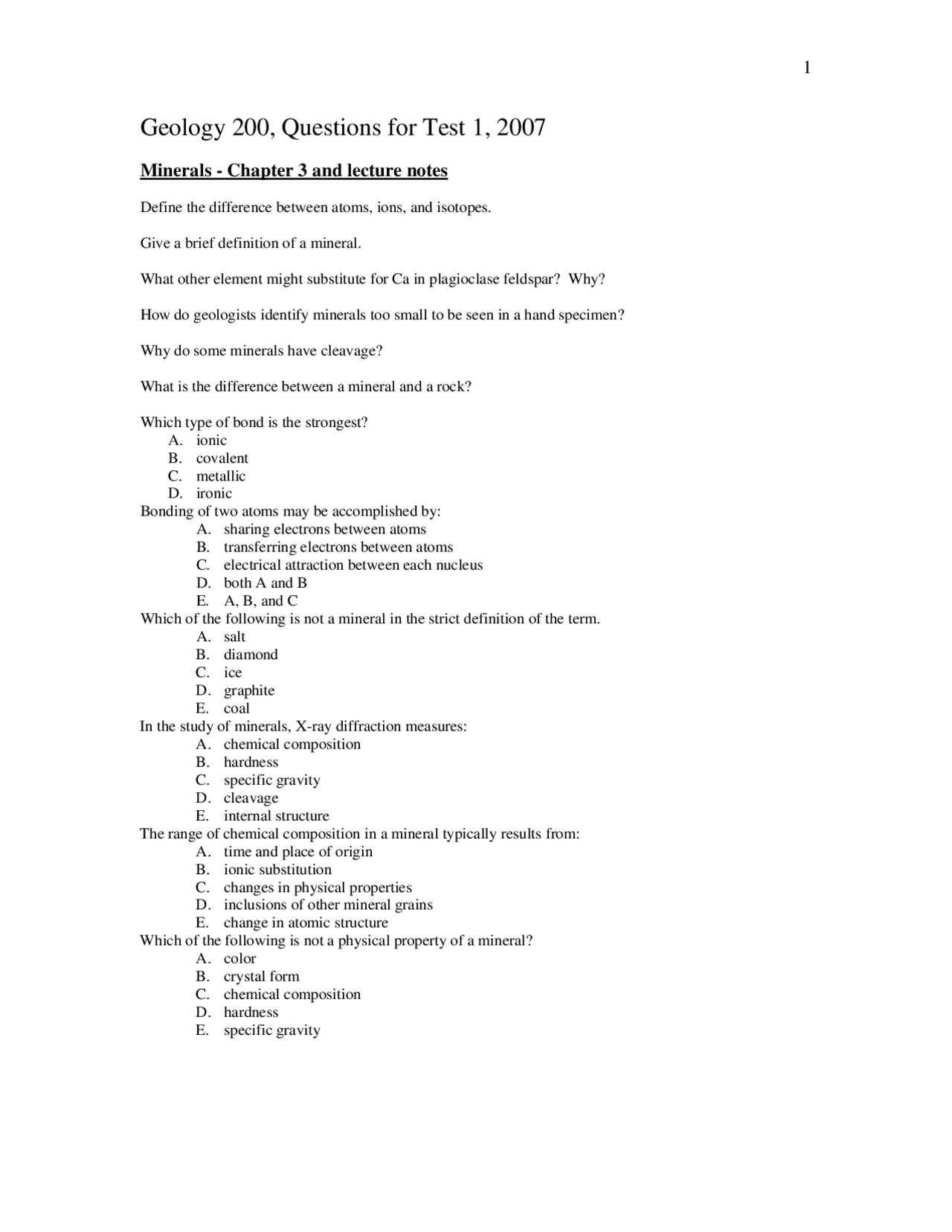 Questions For Test 1 Geology For Environment Scientists Geol 200
