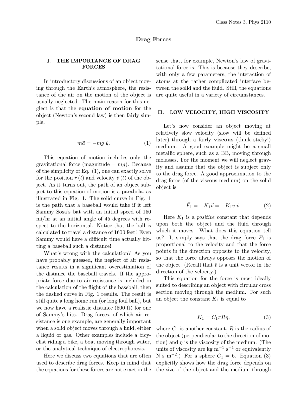Lecture Notes On Drag Forces General Physics Life Sciences I Phys