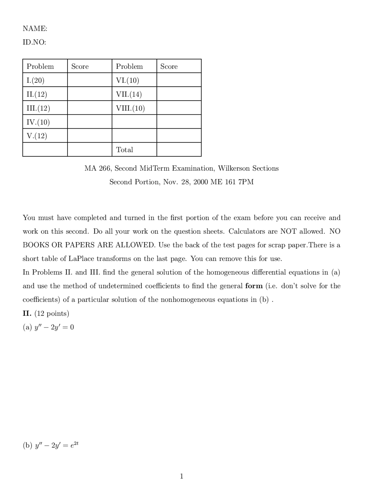 Exam 2 Questions Ordinary Differential Equations Ma 26600 Docsity