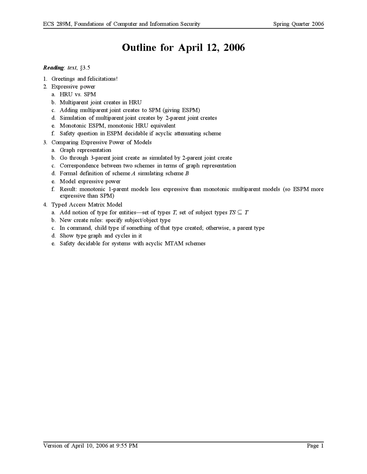 Outline For Foundations Of Computer And Information Security Ecs 289m