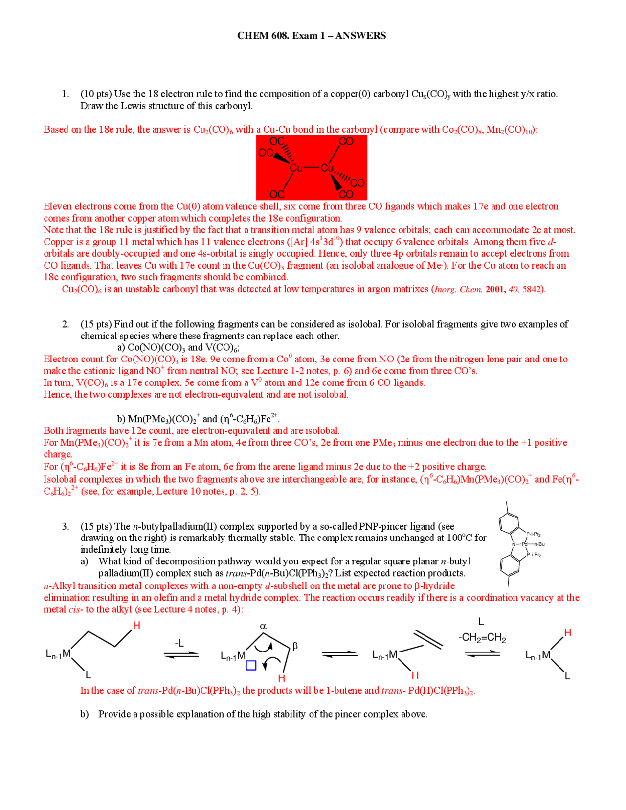 Test I Answers Organometallic Chemistry Chem 608 Docsity