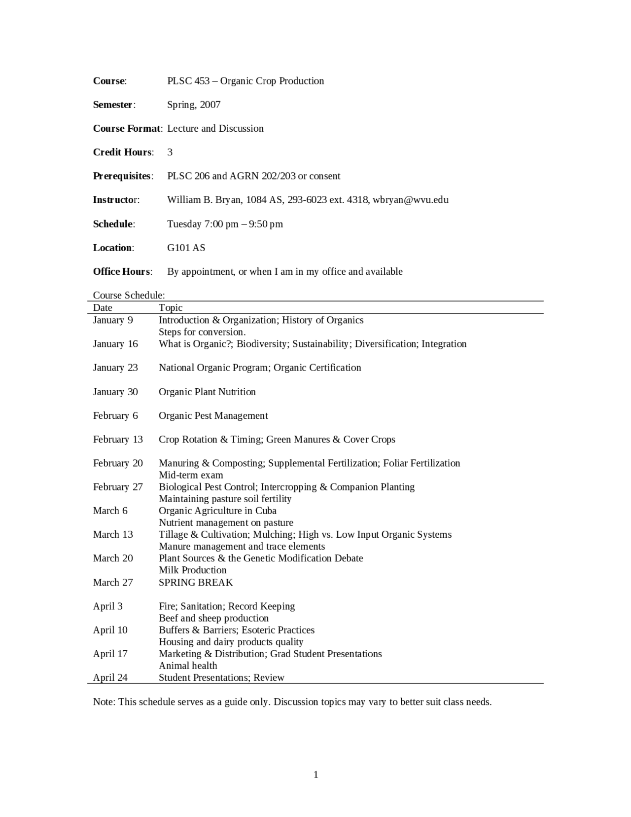 Organic Crop Production Principles Of Plant Science Spring 2007