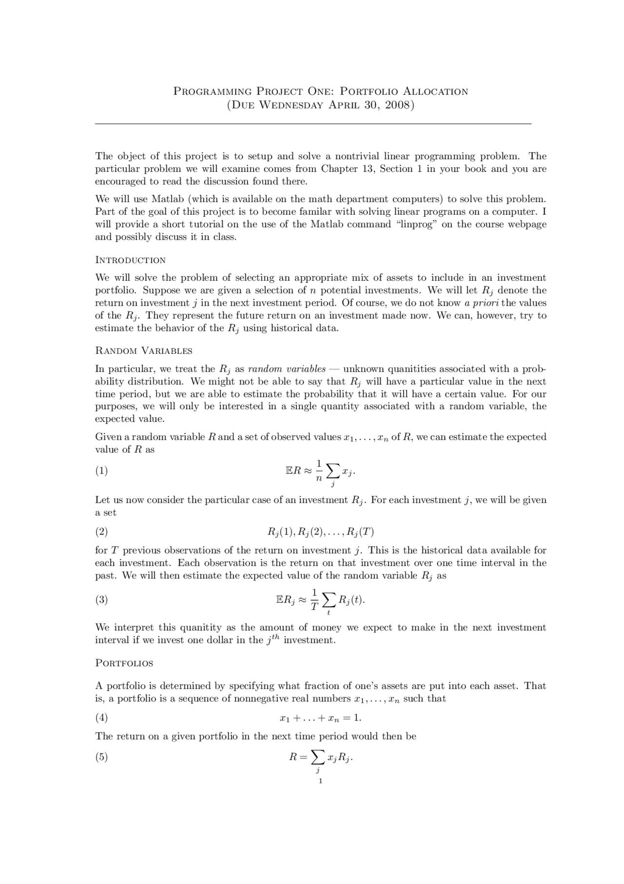 Linear Programming Project: Portfolio Allocation and Risk-Reward ...