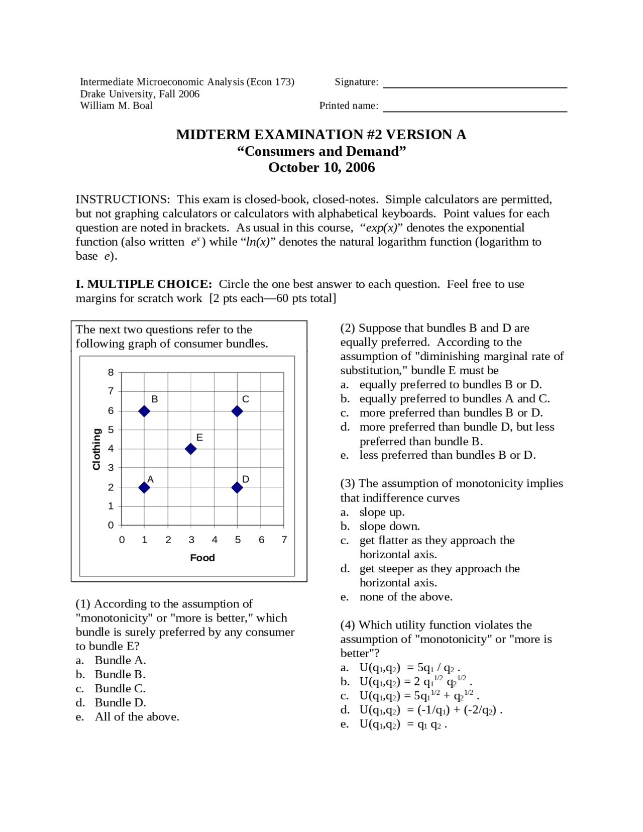 Consumers And Demand Midterm Exam Econ 173 Docsity