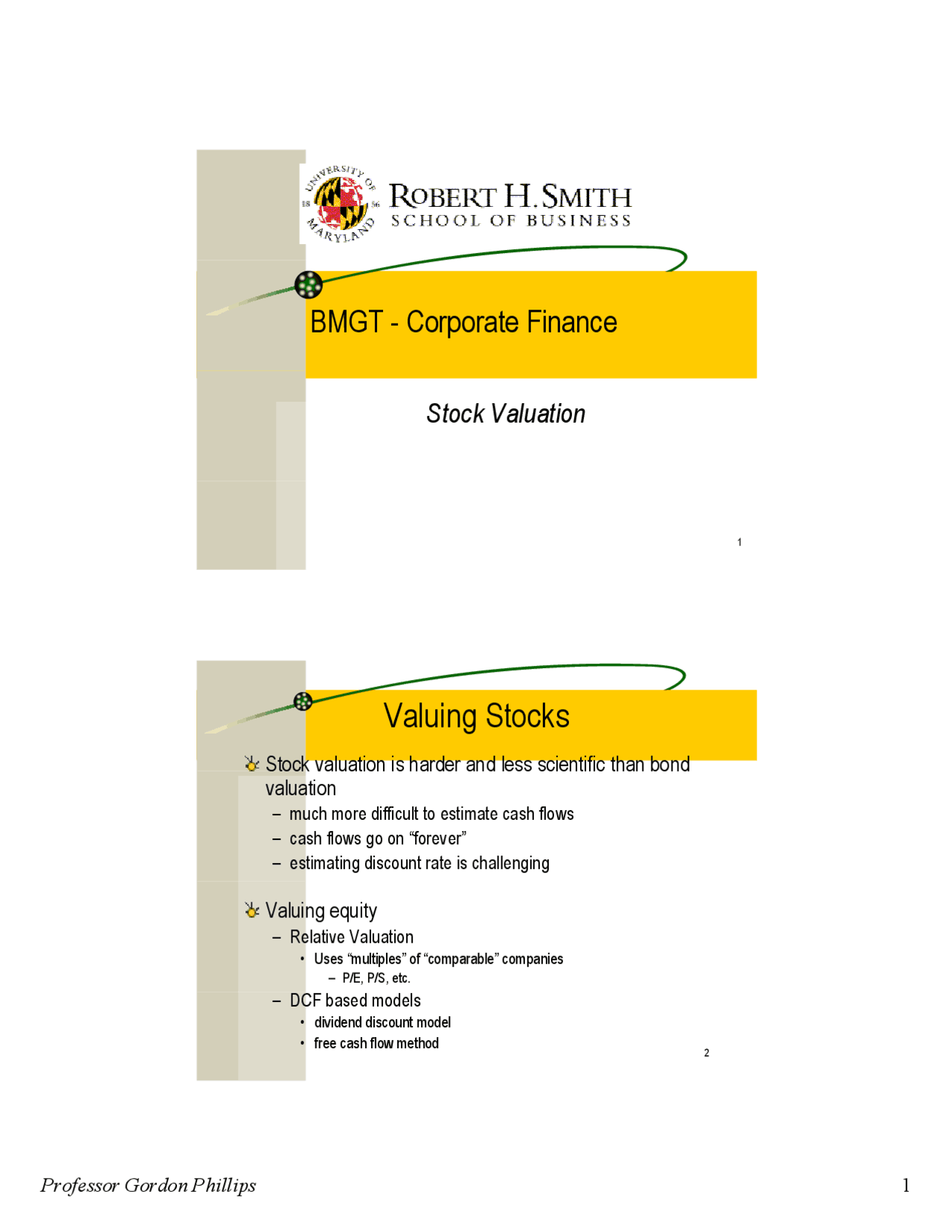 Corporate Finance For Lecture Notes Bmgt 640 Docsity