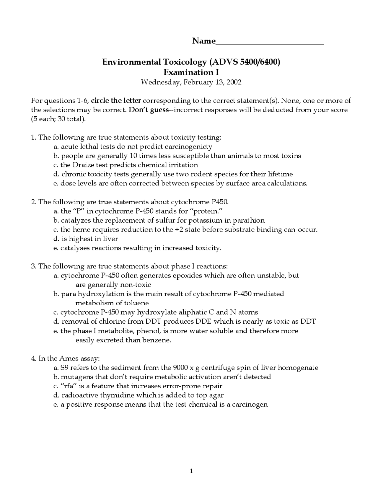 Examination 1 Environmental Toxicology Advs 5400 Docsity