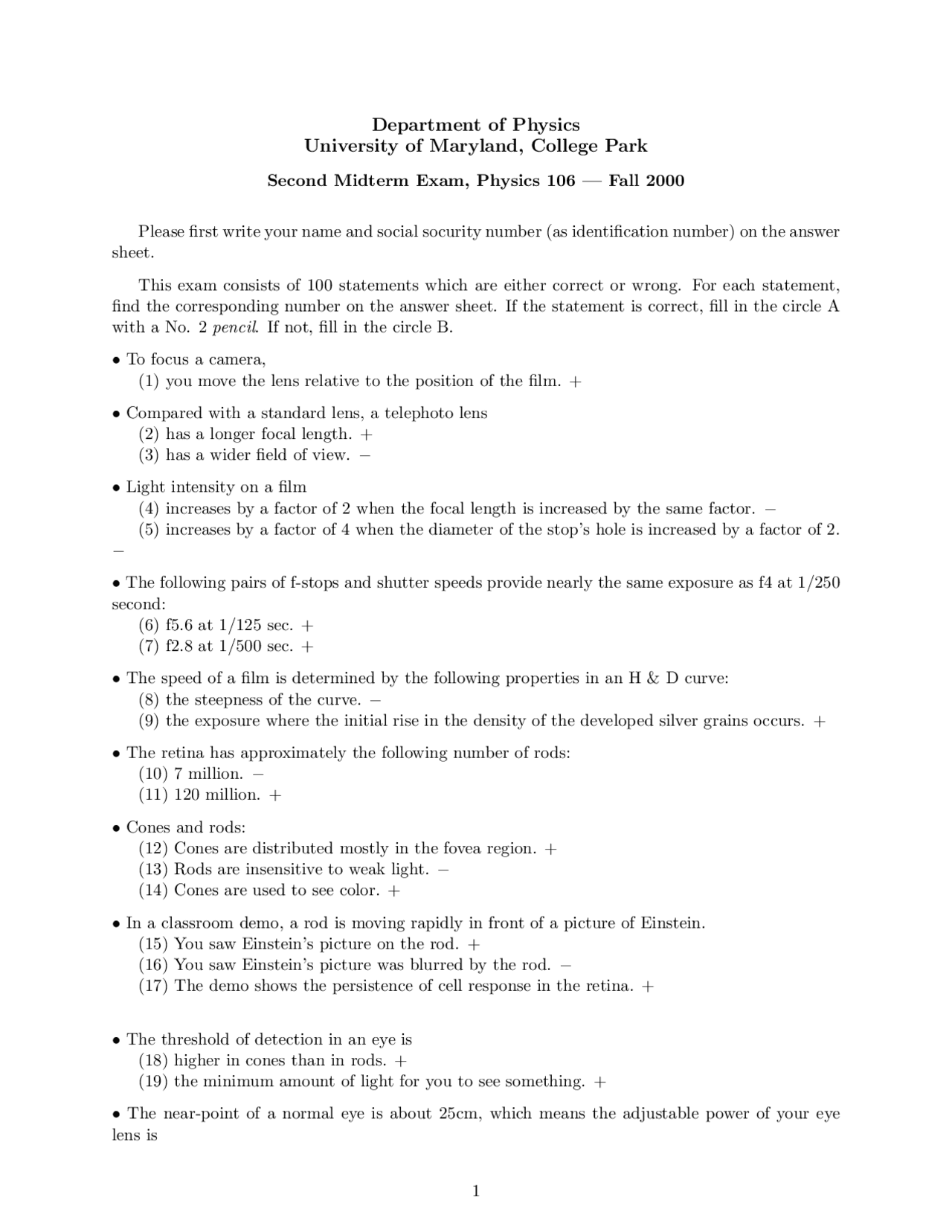 Second Midterm Exam For Light Perception And Phenomenon Fall 2000