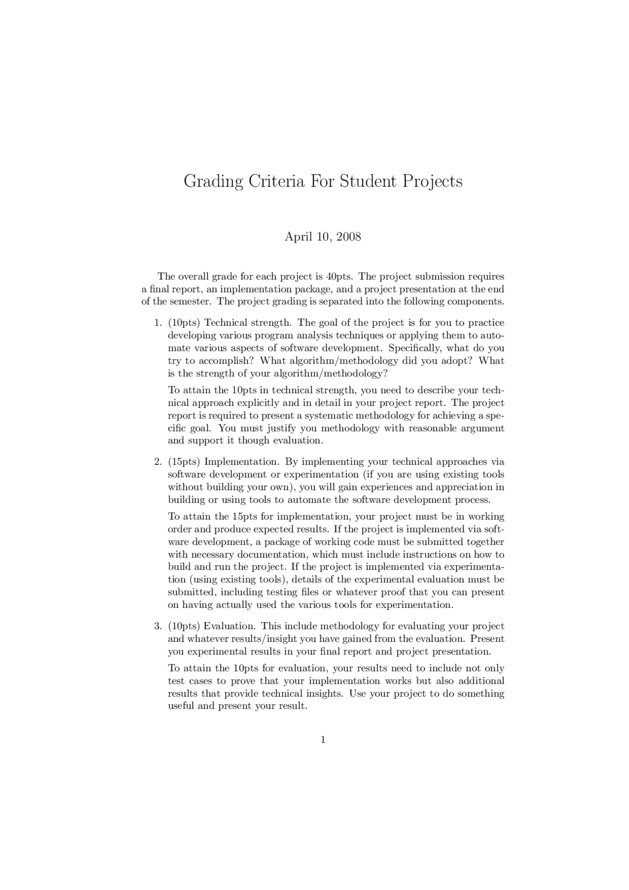 Grading Criteria for Student Projects | CS 6463 - Docsity