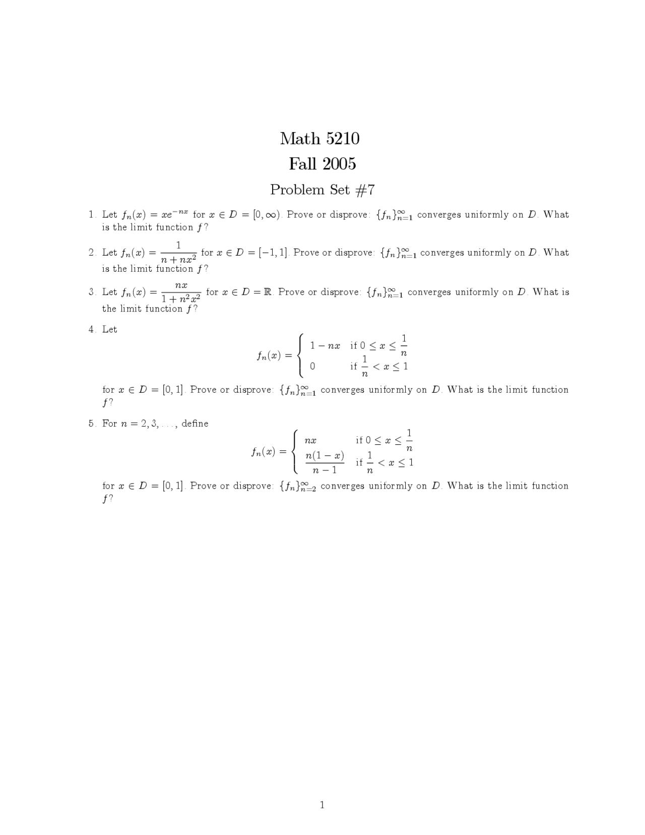 Problem Set 7 Introduction To Analysis I Math 5210 Docsity