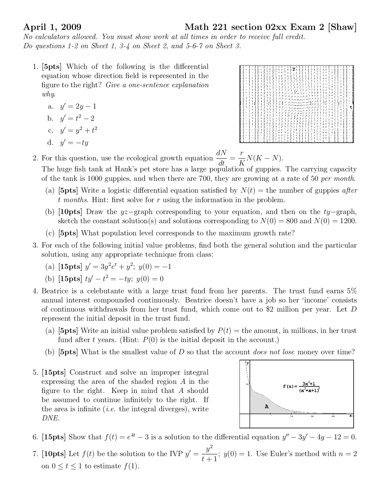 Exam 2 With Solution Elementary Calculus Ii Math 221 Docsity