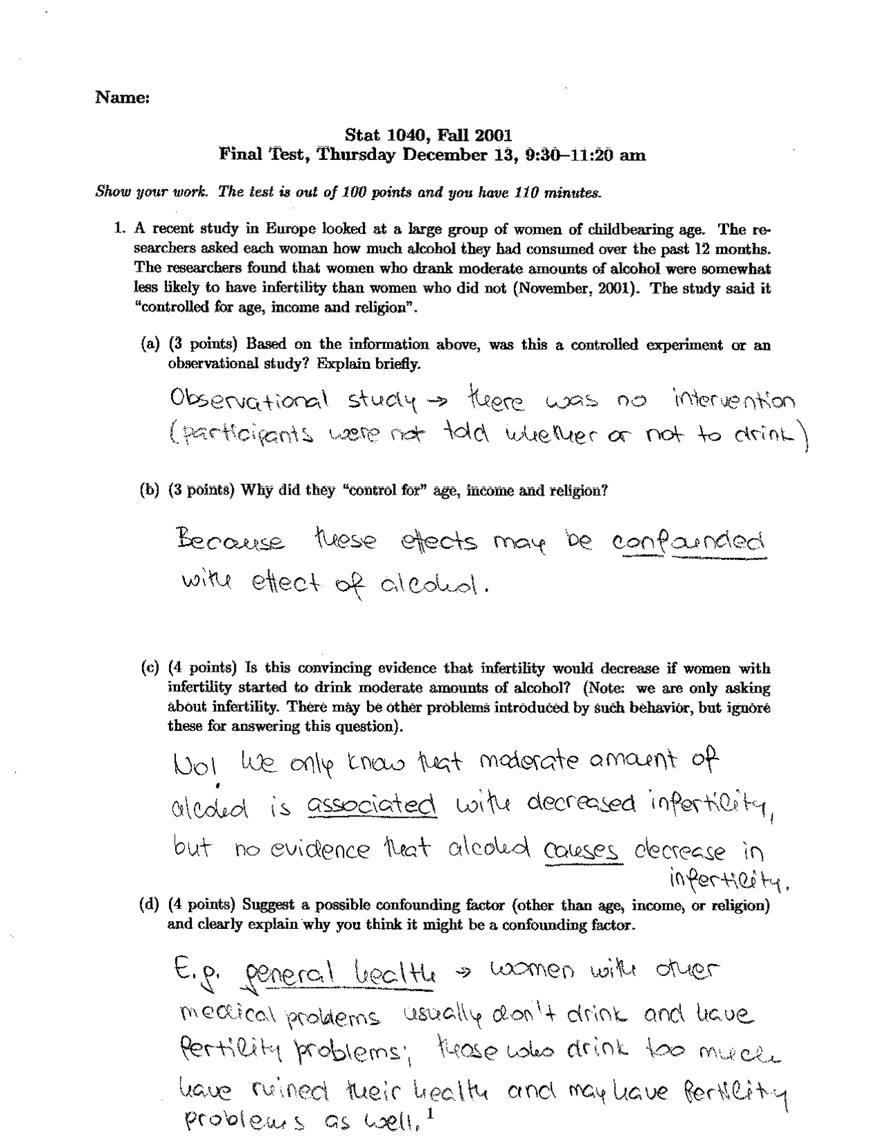 Solutions To Final Exam Introduction To Statistics Stat 1040 Docsity