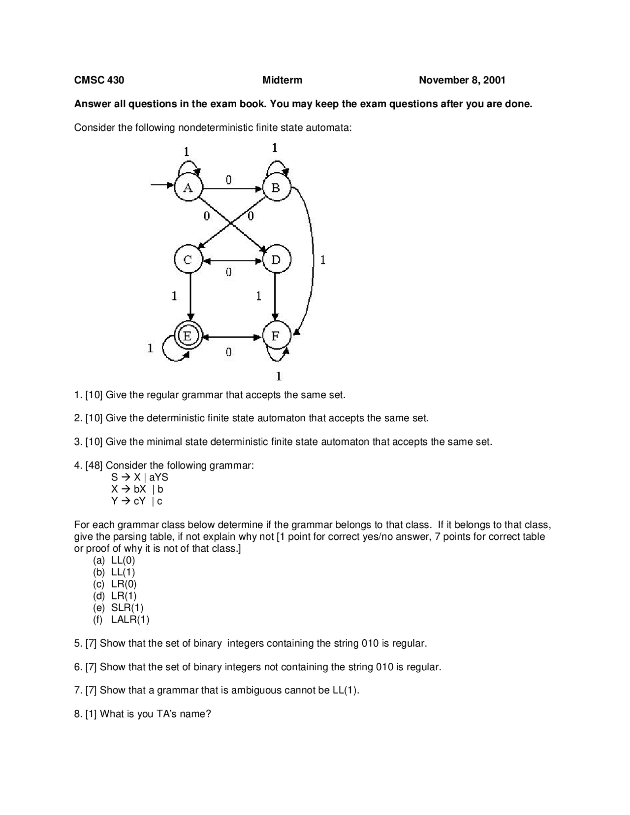 8 Questions Midterm Exam Introduction To Compilers Cmsc 430 Docsity