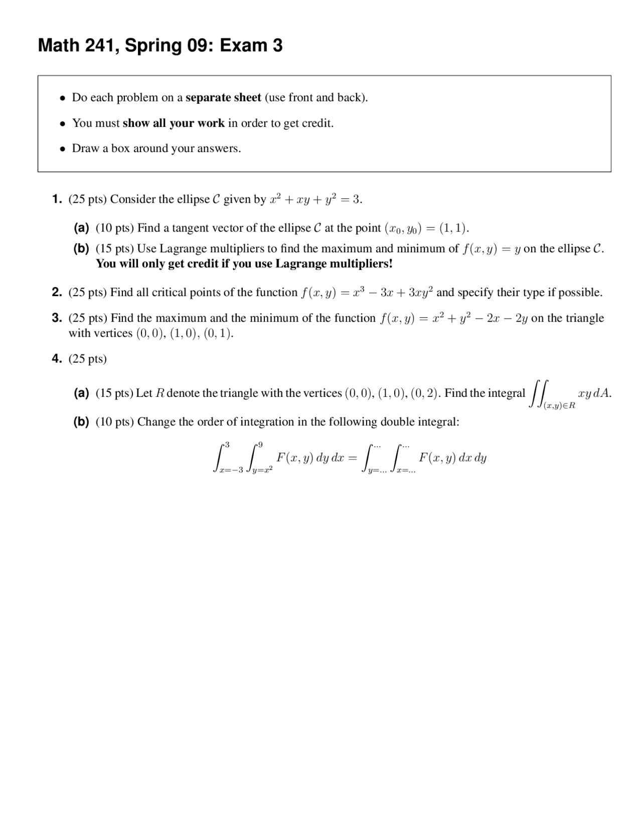 Calculus Iii Exam Problems Integral Double Integral And Functions