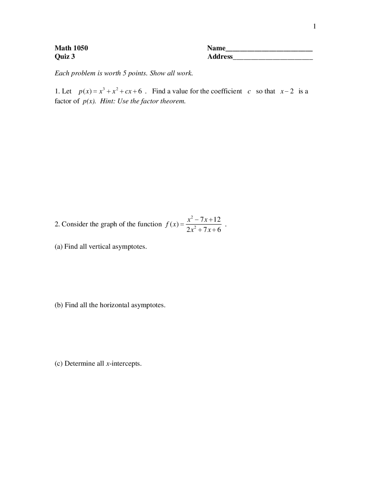Quiz 3 Practice - College Algebra | MATH 1050 - Docsity