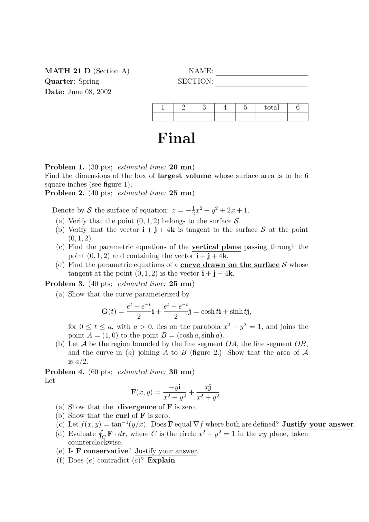 5 Problems In Final Examination Vector Analysis Mat 021d Docsity
