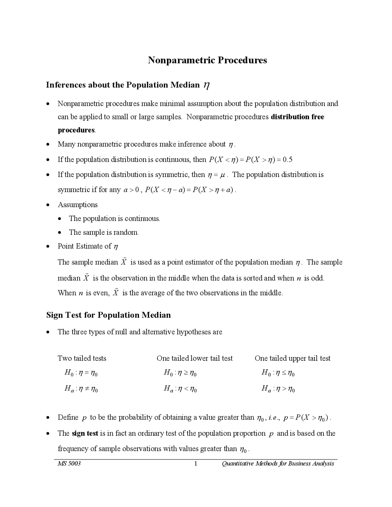 Nonparametric Procedures Quantitative Methods Business Analysis Ms
