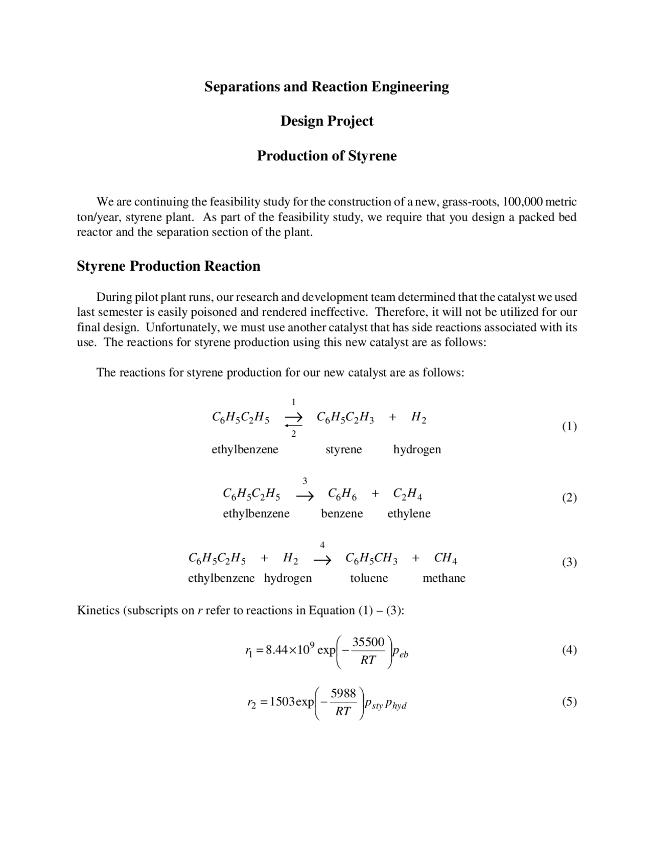 Design Project for Separations and Reaction Engineering | CHE T312 ...