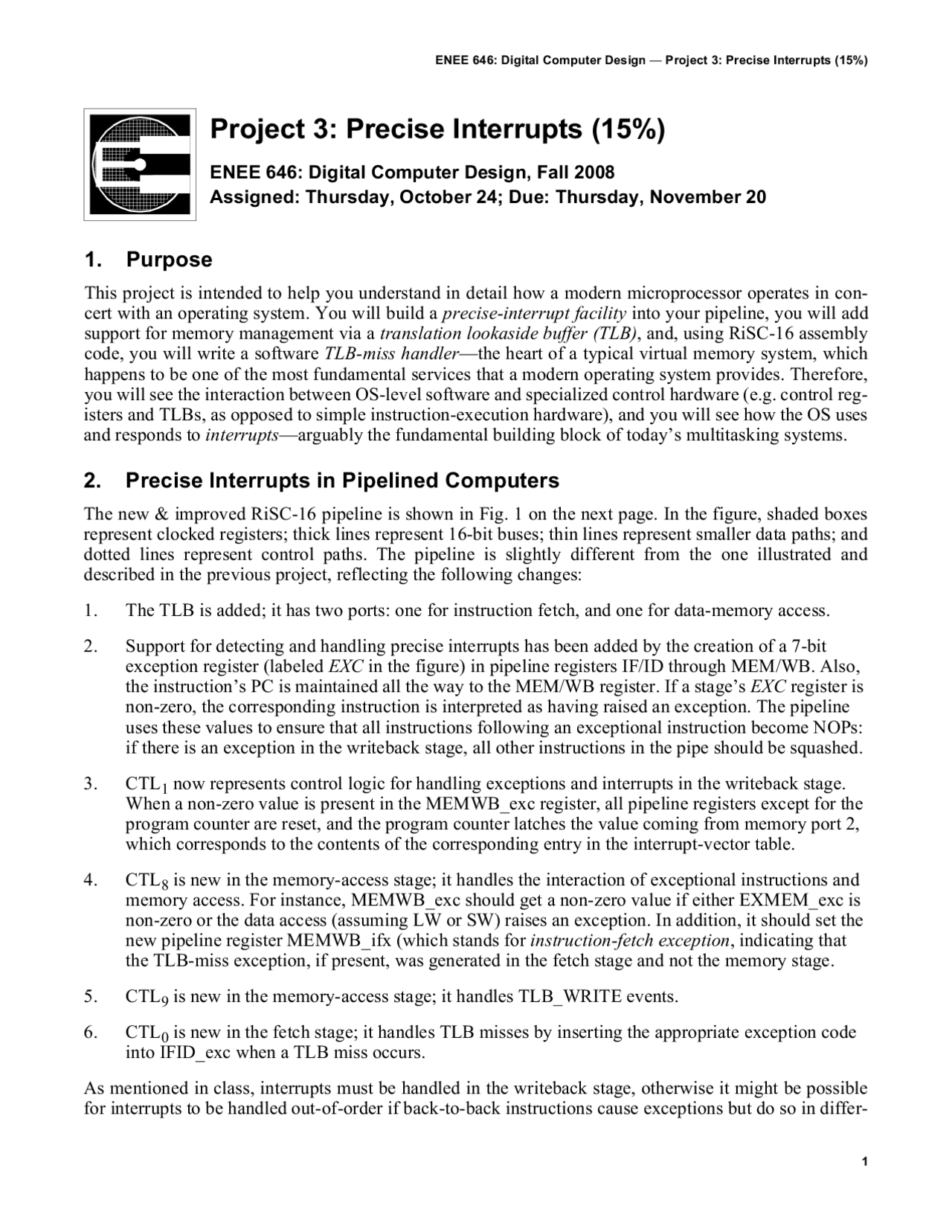 Precise Interrupts Digital Computer Design Project 3 Enee 646 Docsity