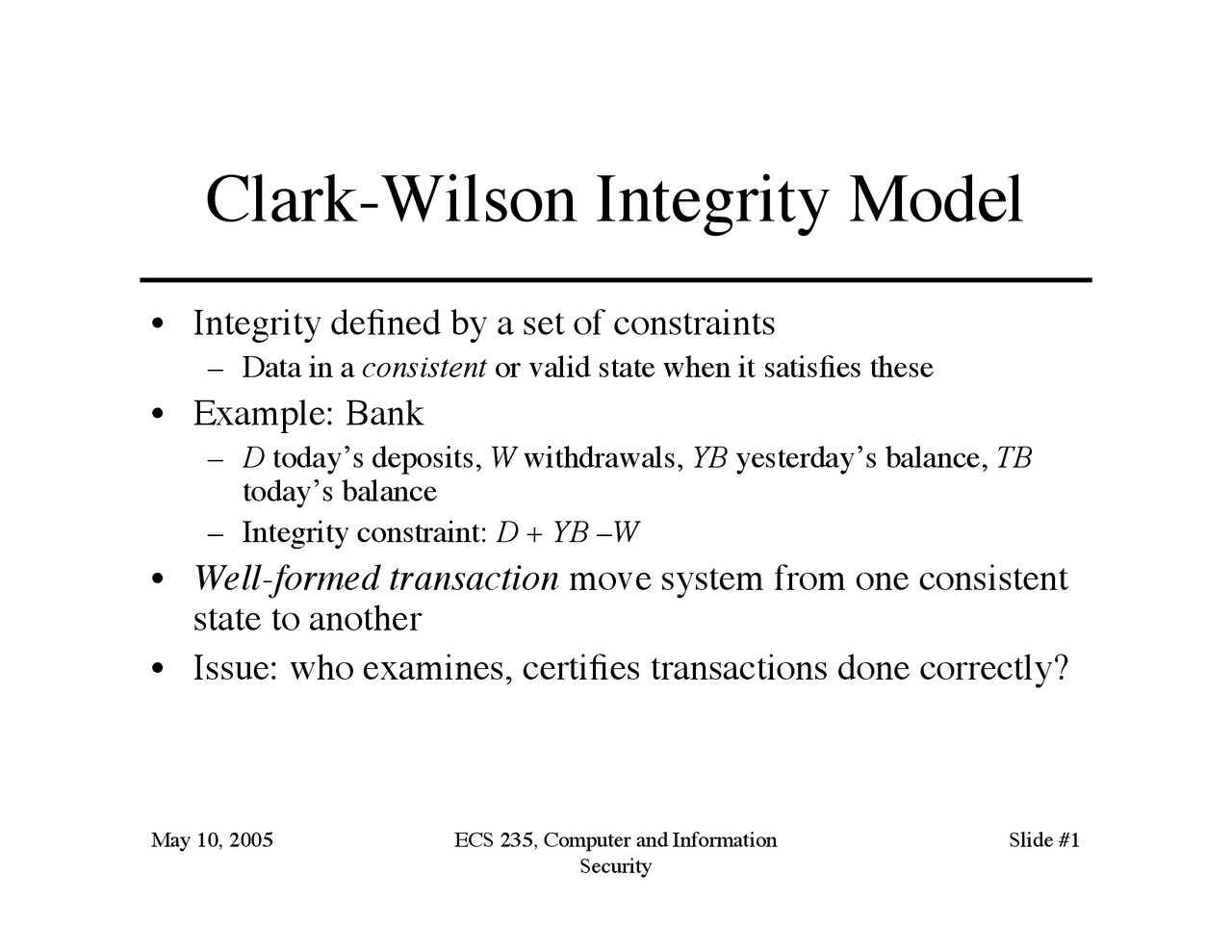 Clark - Wilson Integrity Model - Lecture Notes | ECS 235A - Docsity
